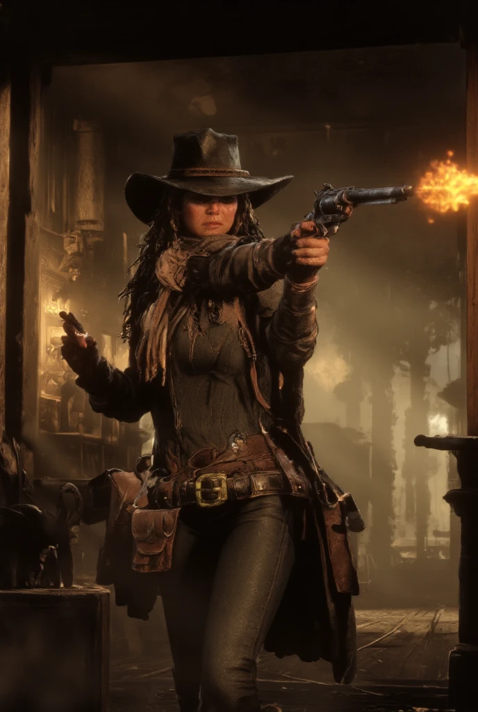 A fierce Mexican outlaw woman stands in a dimly lit saloon, aiming a ...