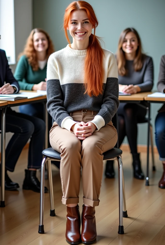 Woman teacher in her late 20's sitting in a classroom. She has long red ...