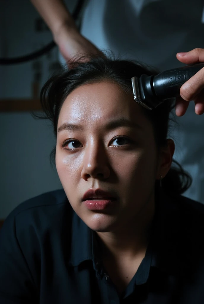 Woman, Who has his head forcibly completely shaved with electric hair ...