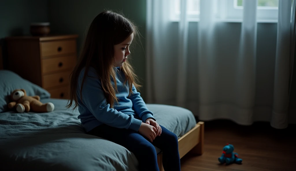 In a dimly lit bedroom, Emma sits on the edge of her small bed - SeaArt AI