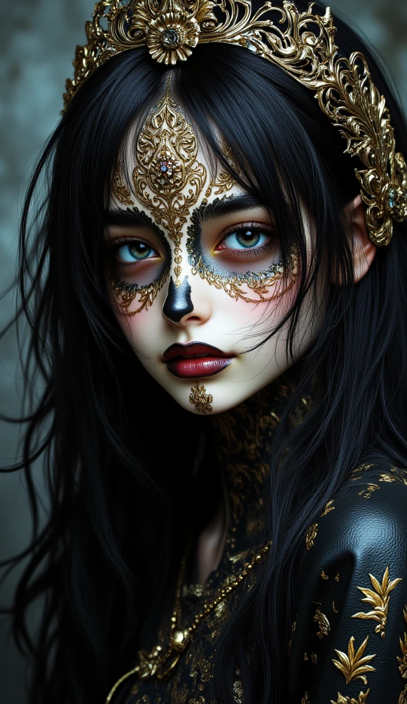 Closep up A beautifully detailed goddess Hel with makeup or complex art ...