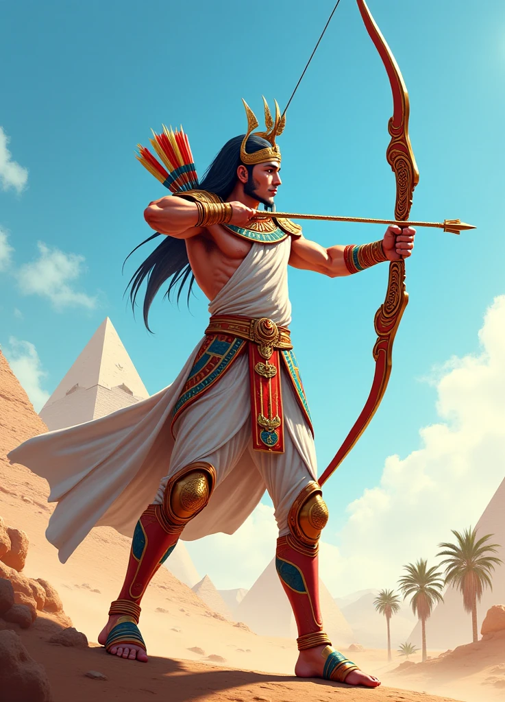 Pharaonic knight shooting with bow and arrow with white and red colors ...
