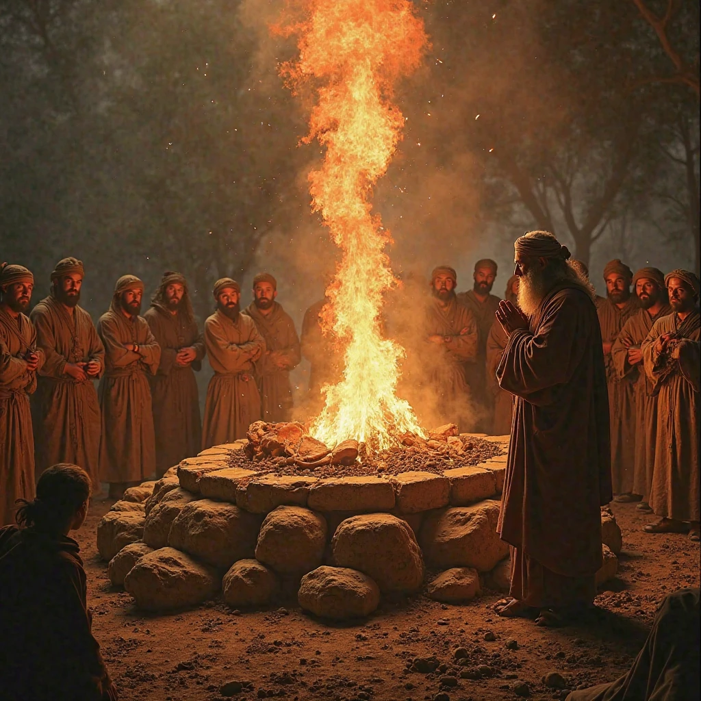Prophet Elijah praying in front of an altar raised with 12 stones and ...