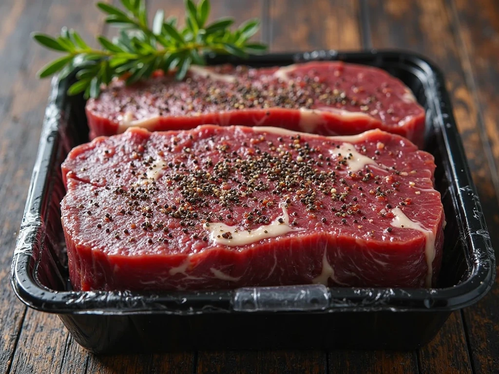 Create a product image of frozen black pepper marinated beef sirloin ...