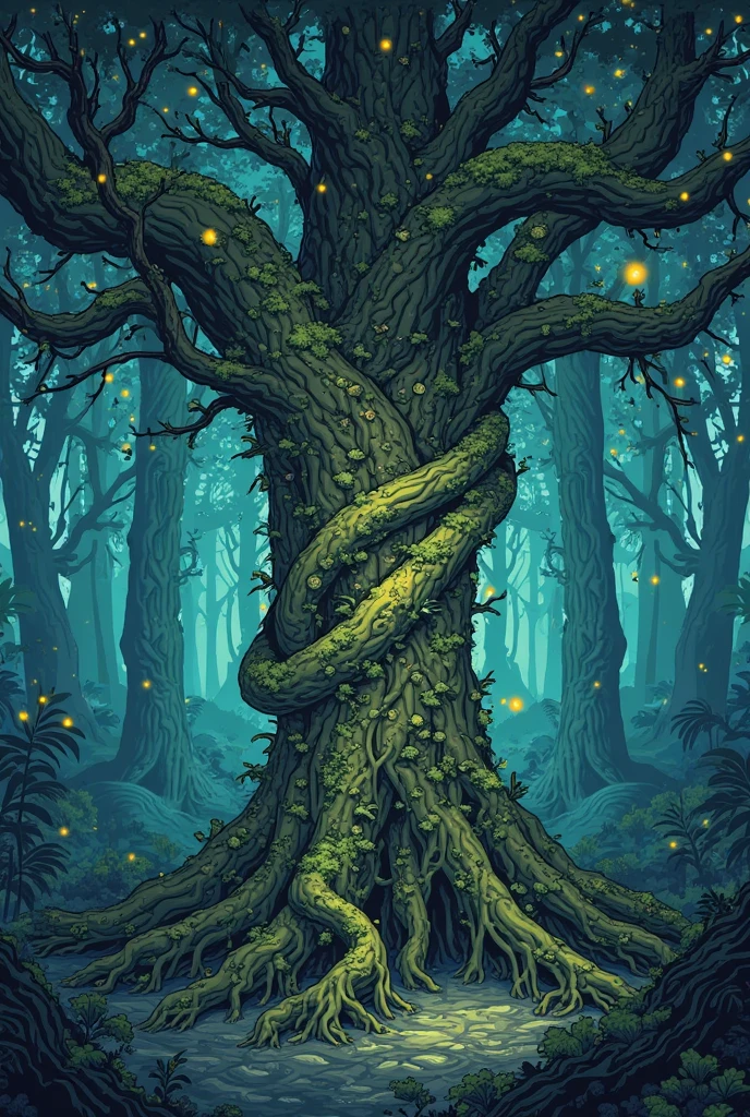 Giant bioluminescent knot grown from tree roots, sap flowing through ...