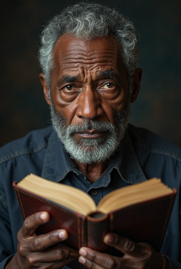 create a 67 year old black pastor with sad eyes, beard, holding a bible ...
