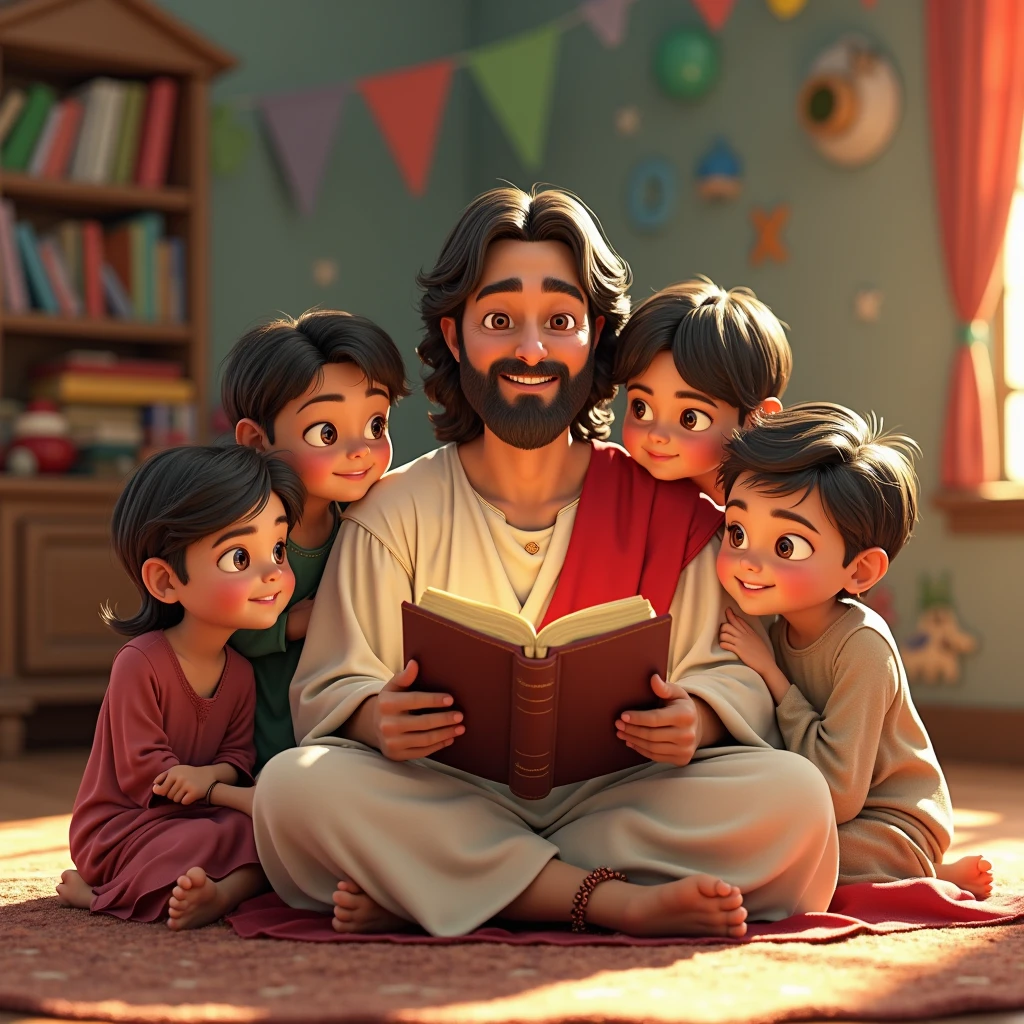 A heartwarming 3D animated scene in a Pixar-style featuring Jesus ...