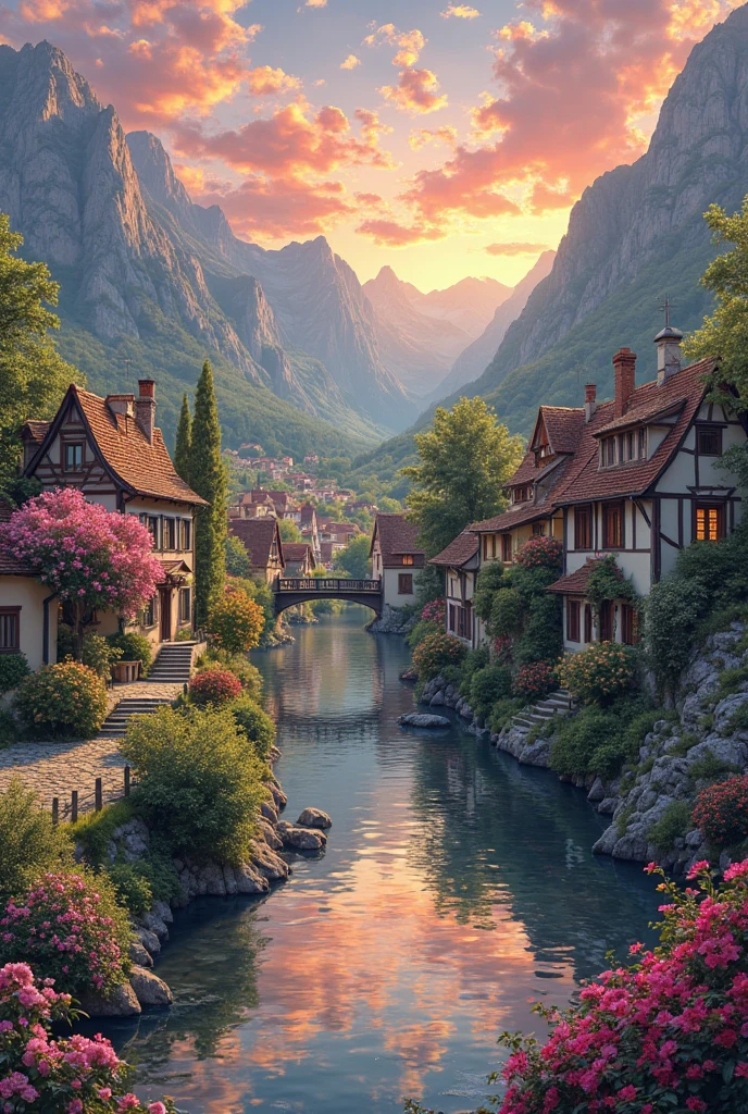A small village by the river, mountains in the background , colorful ...