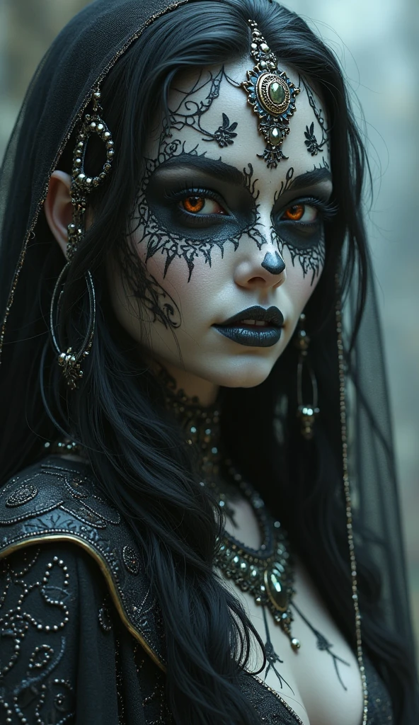 Closep up front face A beautifully detailed goddess Hel with makeup ...