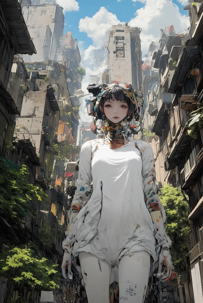 A patrol mecha walking in the back alley of a group of lush skyscrapers ...