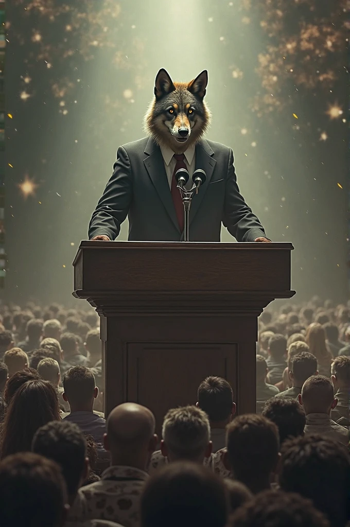 A wolf-headed president rises on top of the pulpit while giving his ...