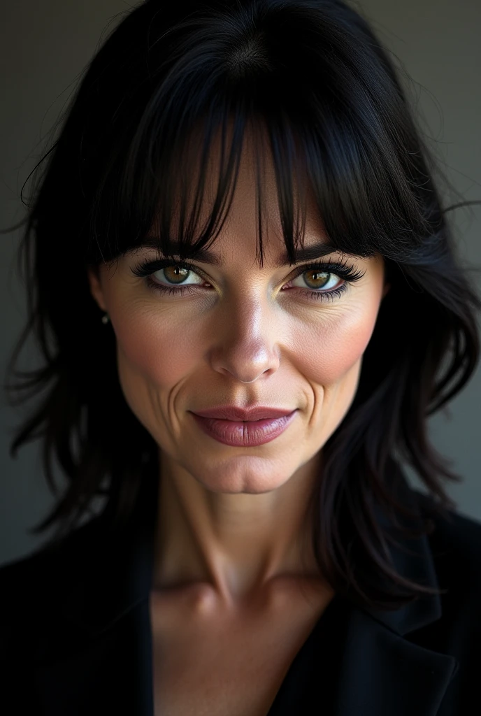 39-year-old woman, white, dark, straight hair, a slightly saggy fringe ...