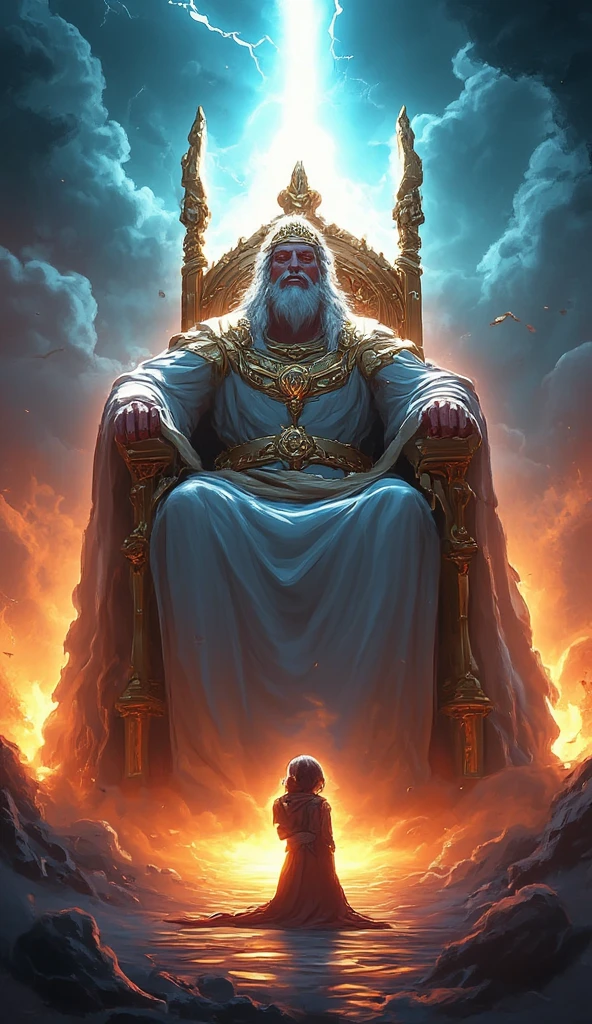 "A realistic image with elements of mysticism. God sits on a grand ...