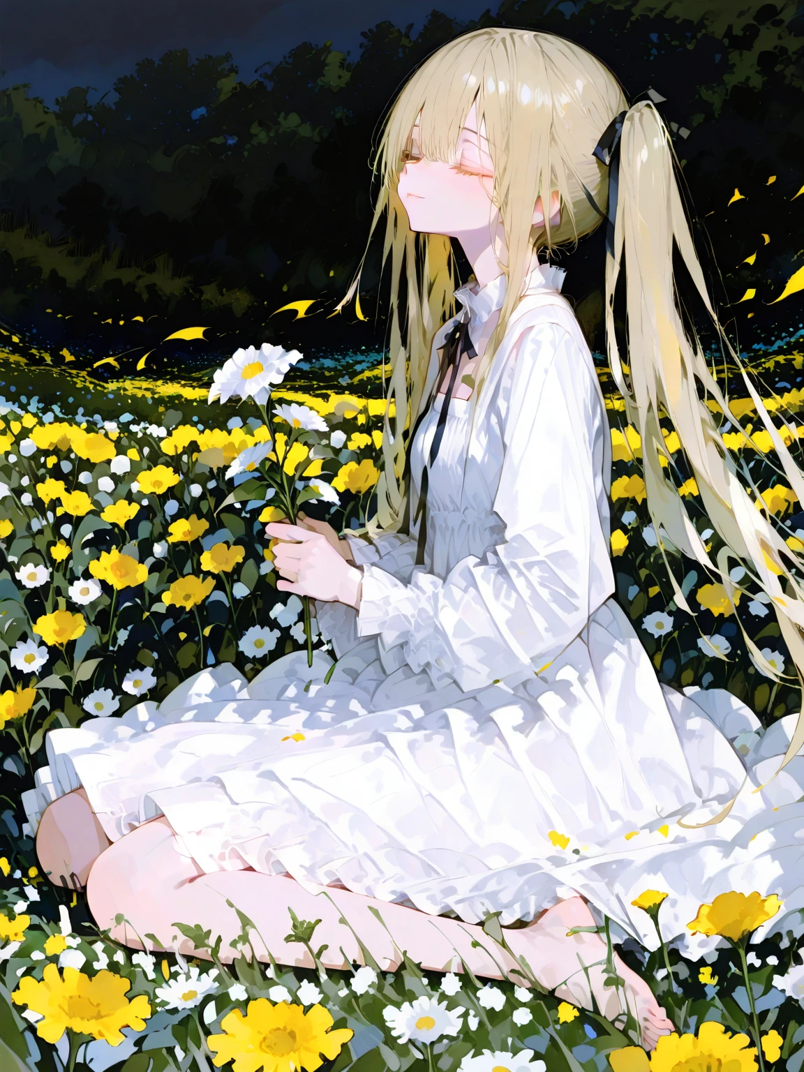 1 girl, twintails, long hair, blonde hair, black ribbon, closed eyes ...