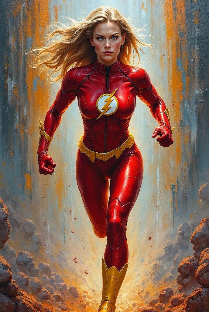 Frontal oil painting of superhero The Flash girl, strong muscular ...