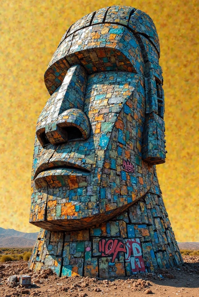 Moai head sculpture created with parts of cars and planes detailed in ...