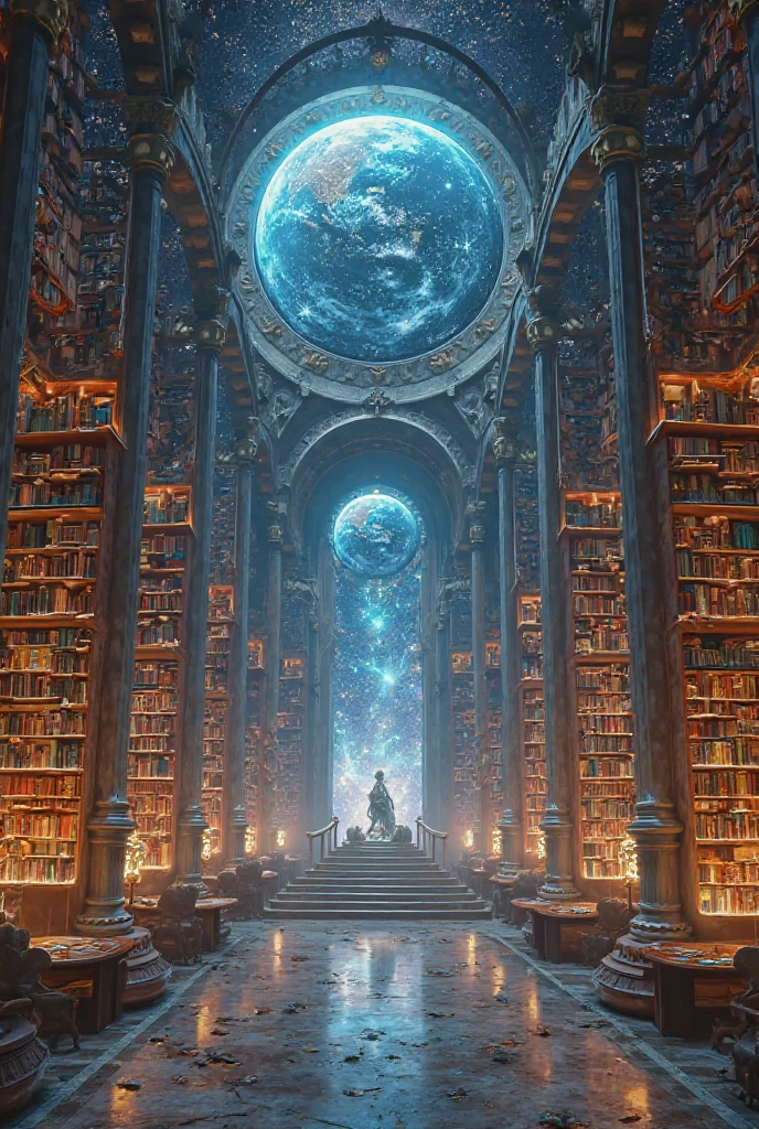 A grand cosmic library extends before the eyes, its vast and majestic ...