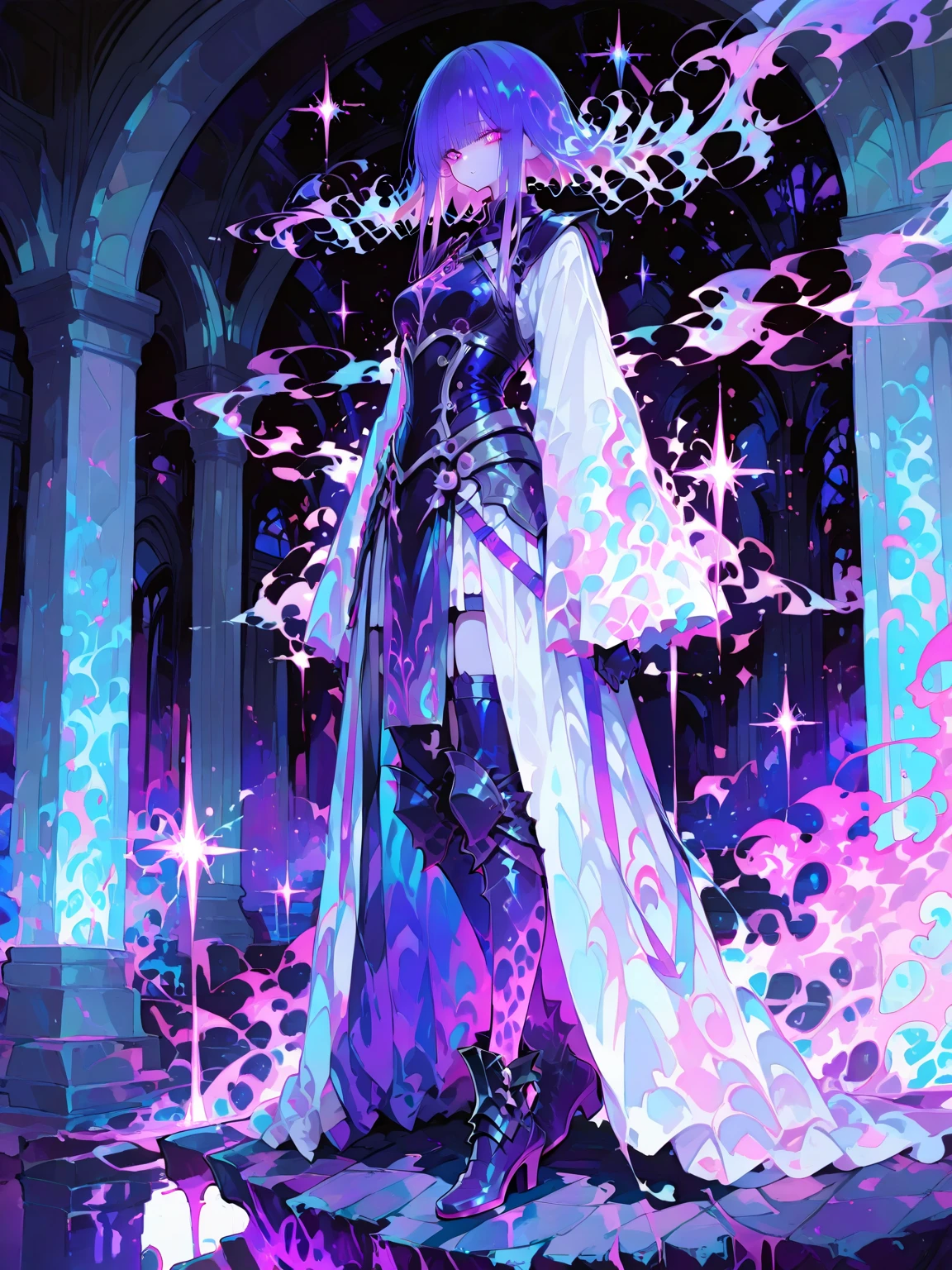 A girl knight enveloped in blue and purple neon sparks stands ...