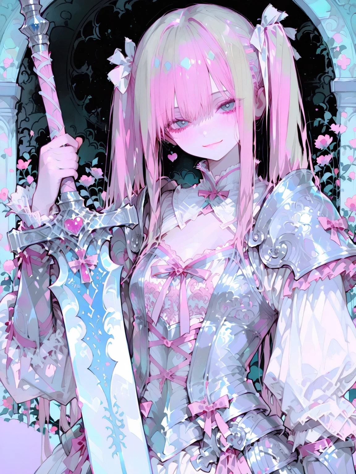 アートスタイル,( 素晴らしいイラスト,Dark fantasy),ピンクのフリルアーマーを着た可愛い女性騎士, 大きな剣を愛らしいポーズで ...