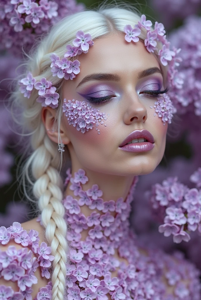 Unrealistic image woman covered with bright lilac flowers creeper style ...