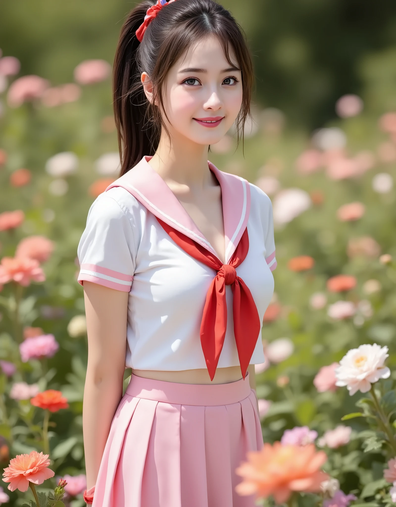 There is a woman in a pink skirt and white shirt posing for a picture ...