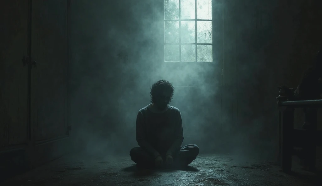 A person sitting alone in a dark room, surrounded by shadows ...