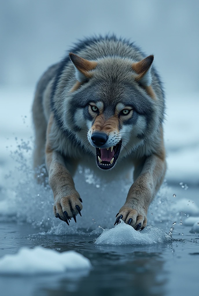 "The wolf desperately paddles, trying to climb back onto the ice ...