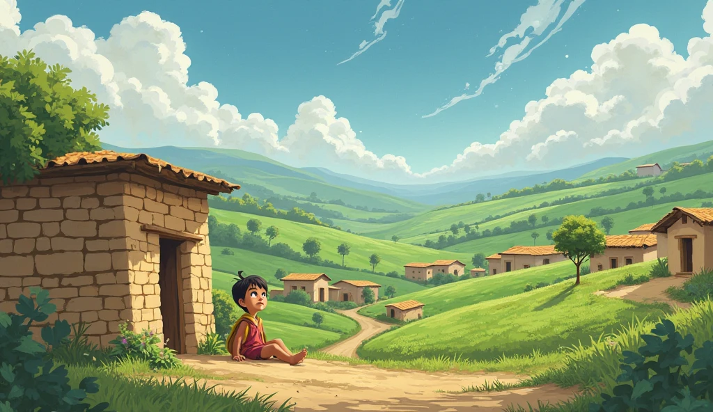 A small rural village with lush green fields and simple mud houses ...
