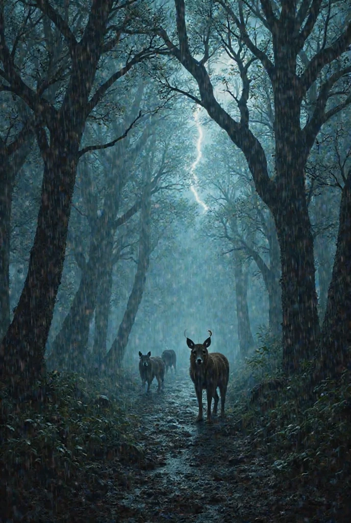 Stormy night in a dark forest with animals fleeing - SeaArt AI