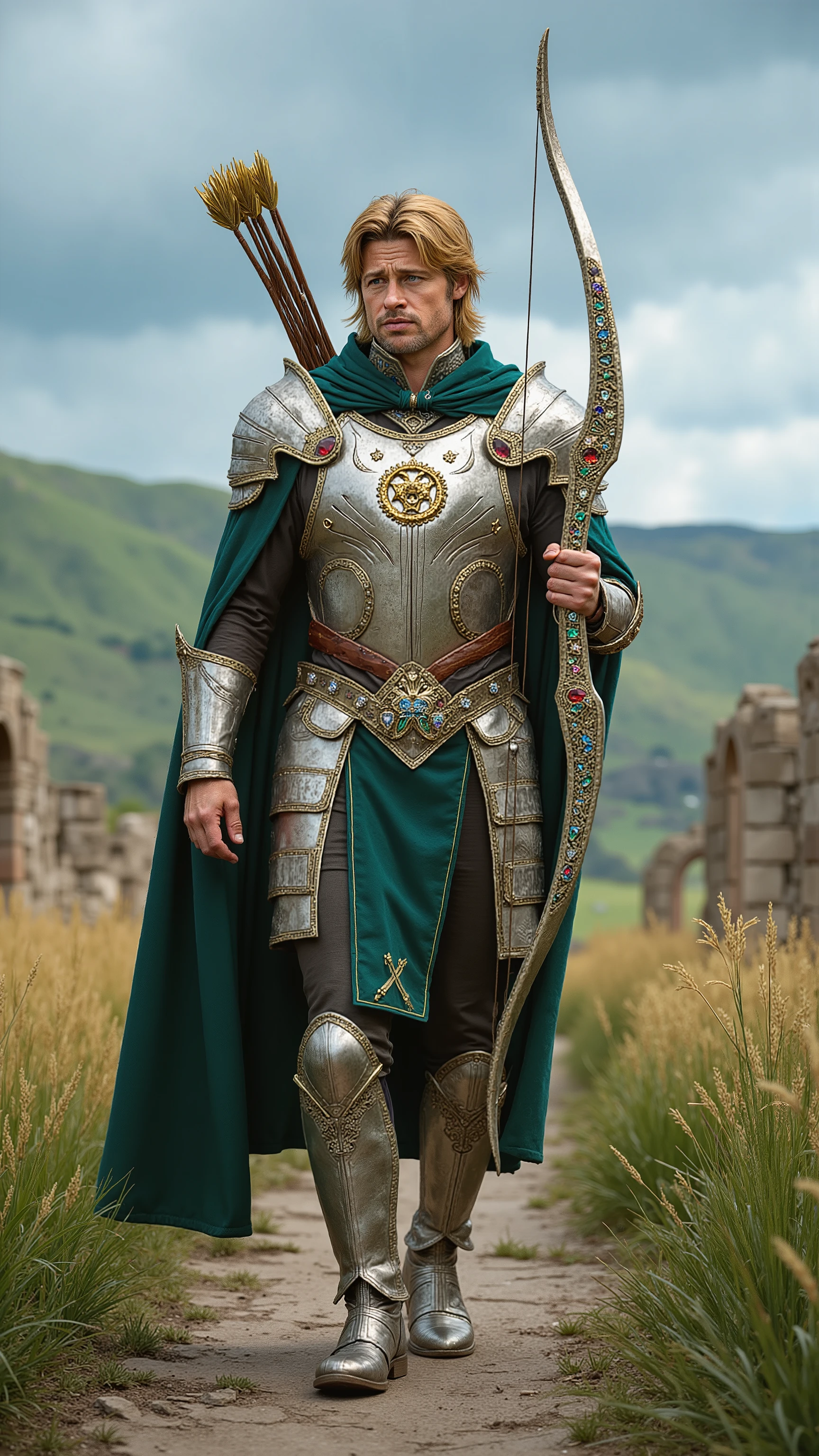 Arafed man in armor with a bow and arrow in a field - SeaArt AI