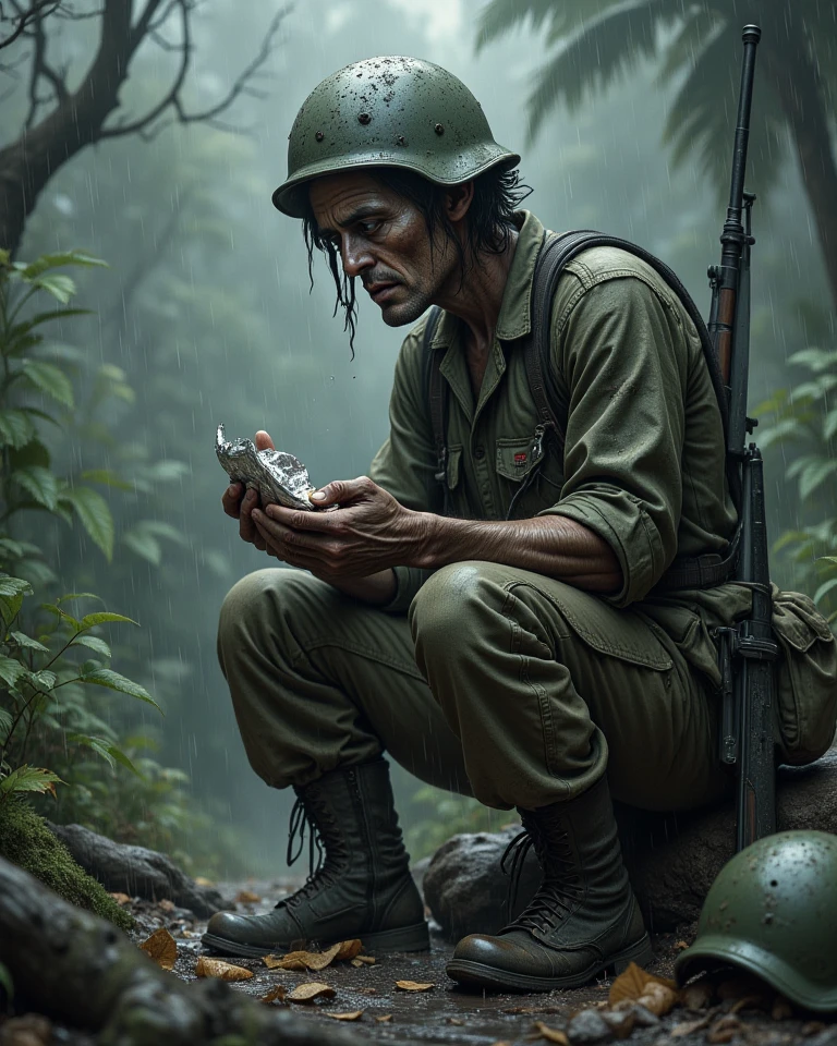 A gaunt U.S. soldier in Vietnam’s monsoon jungle, rain streaks his ...