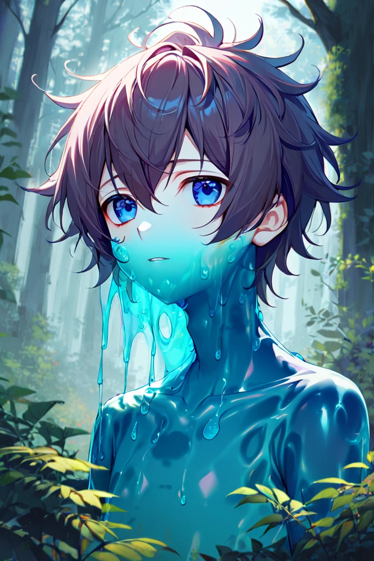 1 boy, shota, slender body, blue eyes, long eyelashes, long wavy blue ...