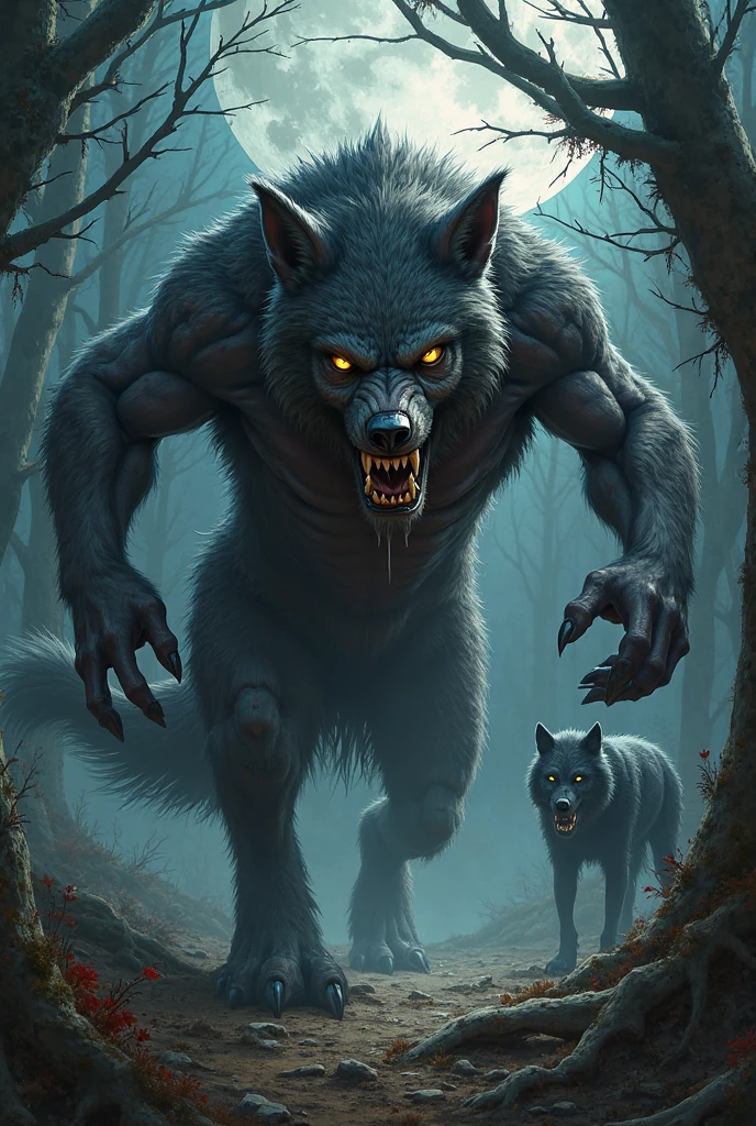 A man in a werewolf costume is running with two dogs - SeaArt AI