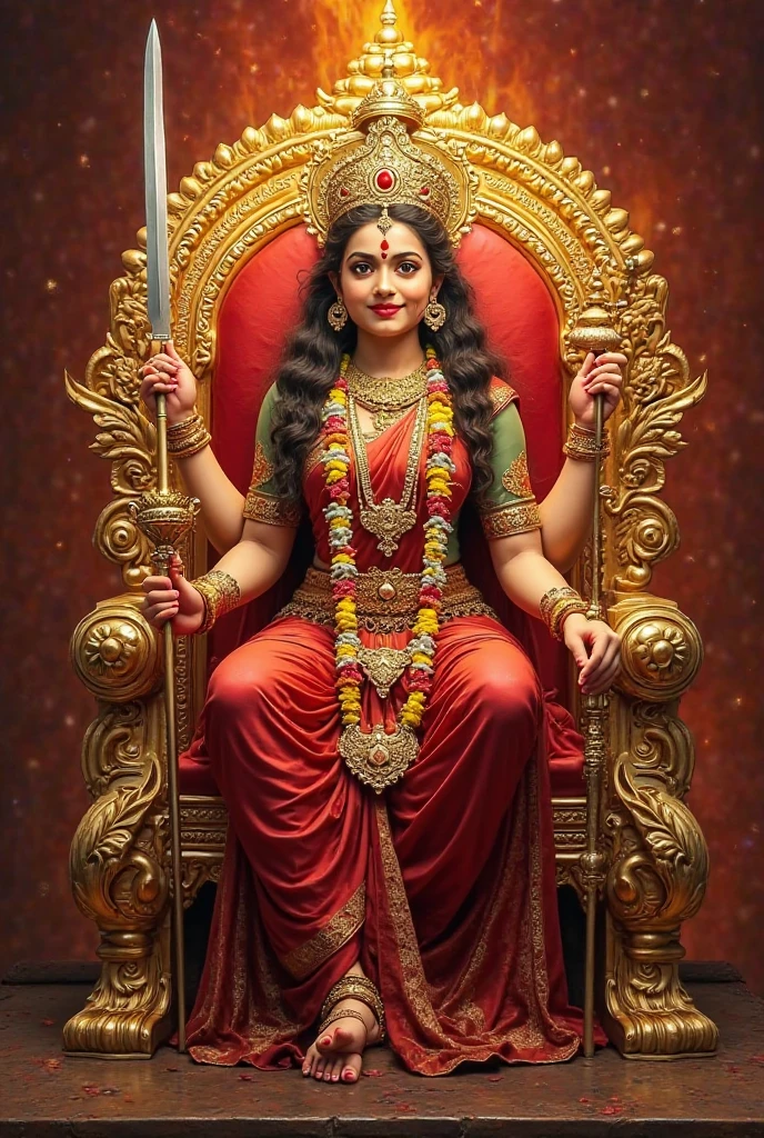 A divine Hindu goddess seated gracefully on an ornate golden throne ...