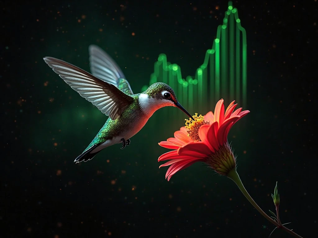 A hummingbird sips the nectar of a flower with a black background with ...
