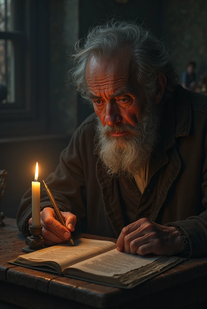 Make a photo of poet old man in room crying with candle lite - SeaArt AI