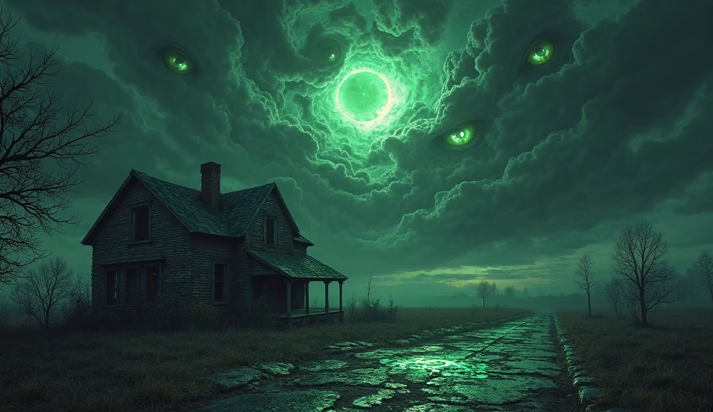 A terrifying scene of a night sky above an old, decrepit farmhouse ...