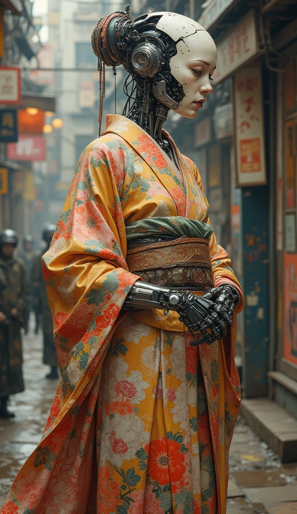 Cyberpunk humanoid robot geisha, flower kimono, very colorful - SeaArt AI