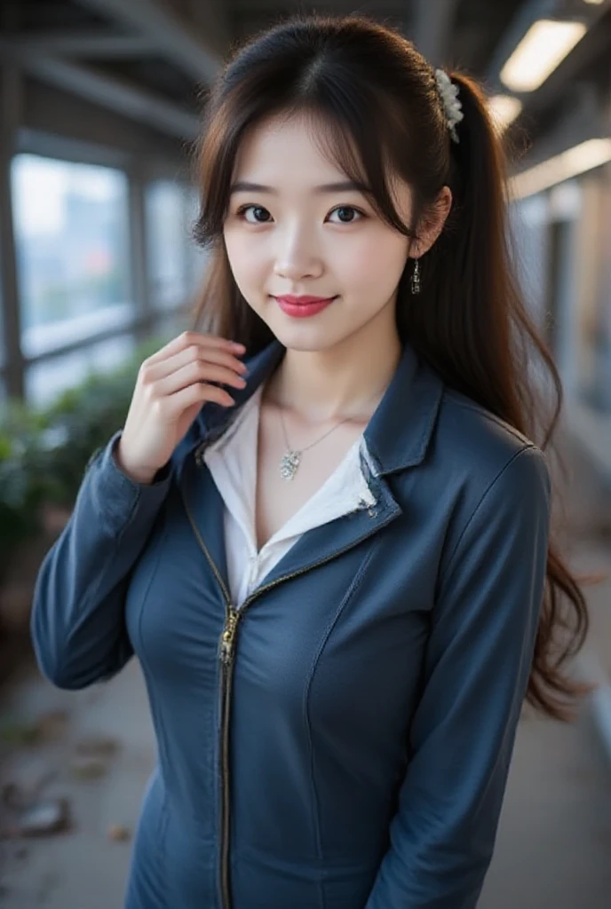 A stunning Korean girl, 24 years old, stands with an air of quiet ...