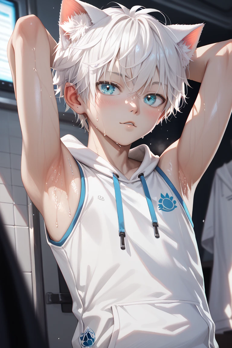 Sweat armpit, young boy, sleeveless white hoodie, showing armpit ...