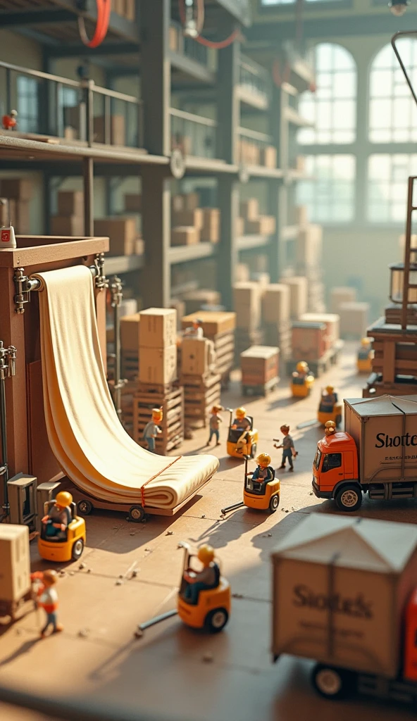 A whimsical animated-style factory scene with miniature workers ...