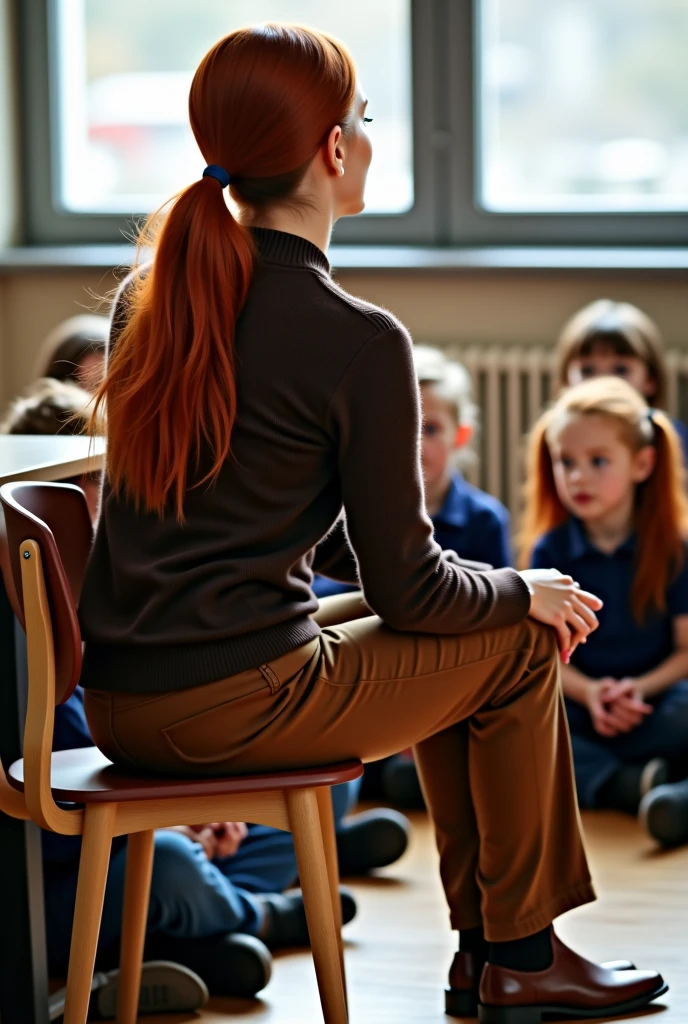 A woman teacher in her late 20s sitting in a classroom. She has long ...