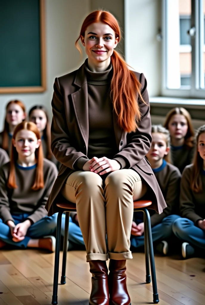 A woman teacher in her late 20s sitting in a classroom. She has long ...