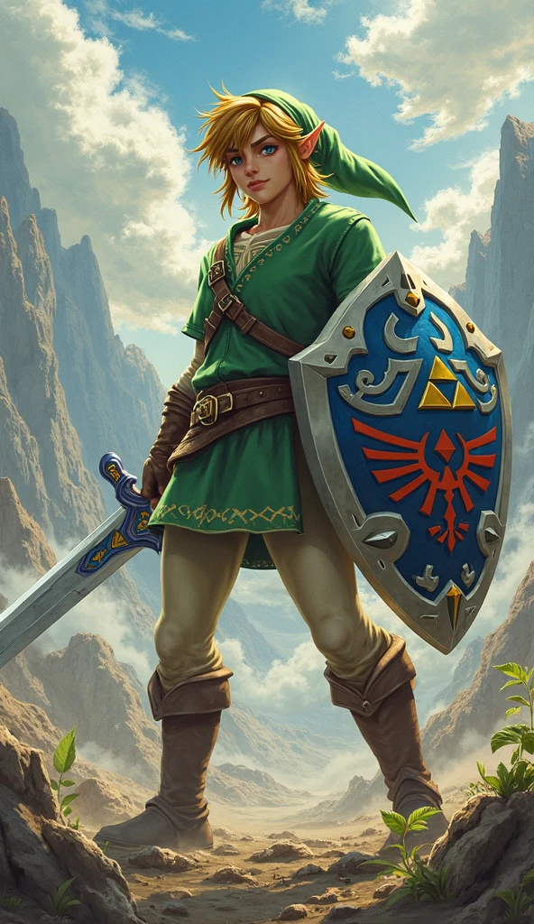 A vibrant depiction of Link from The Legend of Zelda, standing ...