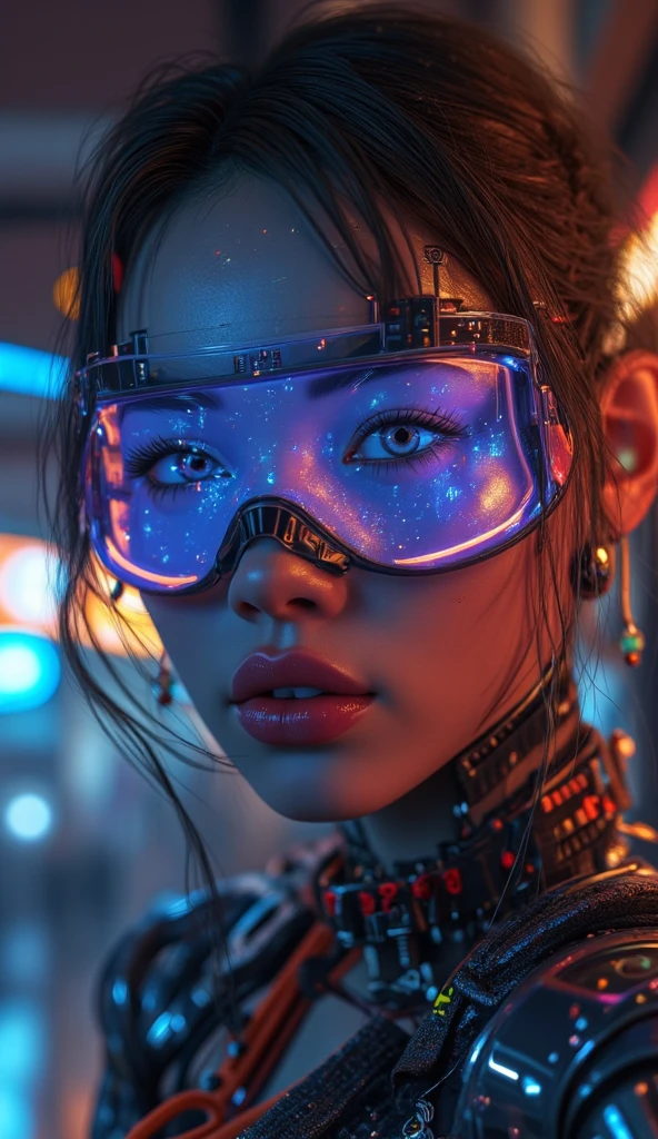 A close-up portrait of a futuristic character with neon reflections ...