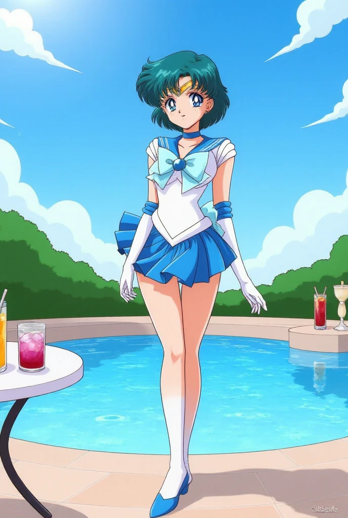 Sailor Mercure sitting poolside on a sunny day listening to music while ...