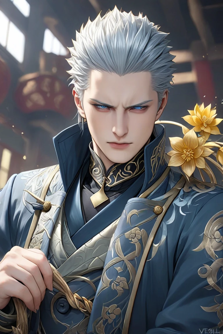 Vergil has shot silver spike fair, yet pale skin, and white, swept back ...
