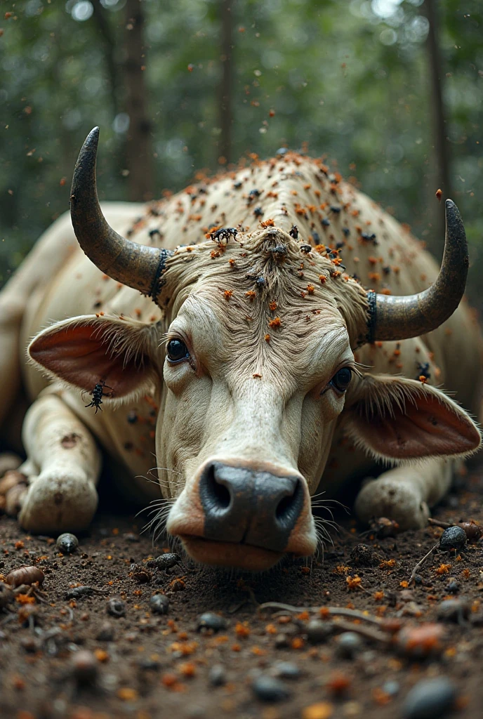 A massive cow lies helpless in the jungle, its body weak and sick ...