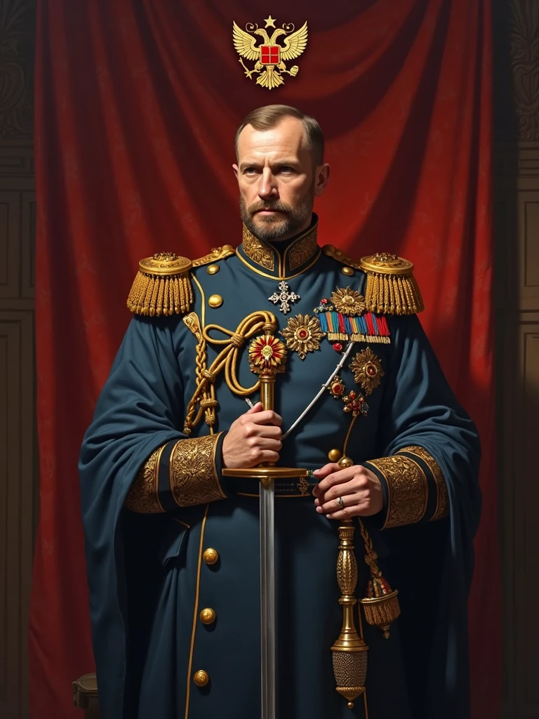 Draw a 49 years old Russian emperor, **Color**: - **Main colors - SeaArt AI
