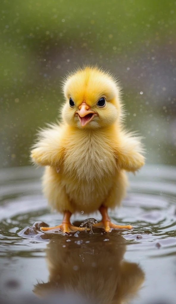 A tiny, fluffy yellow chick accidentally falls into a small puddle ...